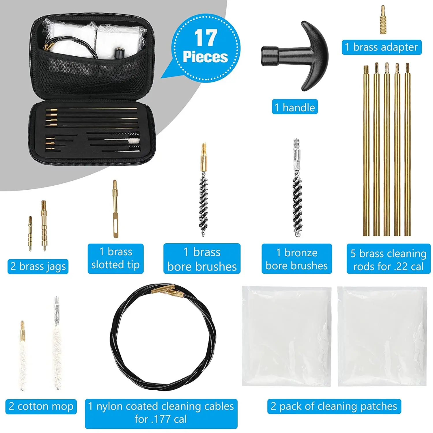 17-piece Portable Gun Cleaning Kit .177 & .22 Cal Bore Cleaning Brushes ...