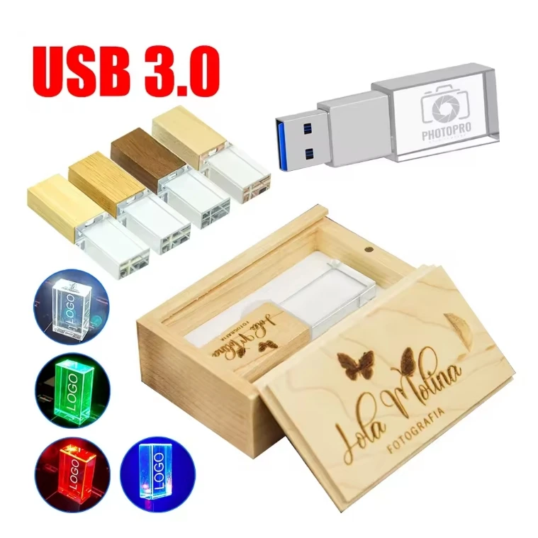 USB 3.0 Wooden Crystal Led Light Pendrive 4GB 32GB Pen Drive 16GB 64GB ...