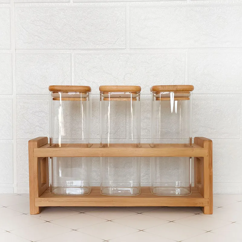 Square Glass Jar Set With Bamboo Shelf Coffee Storage Canister With ...