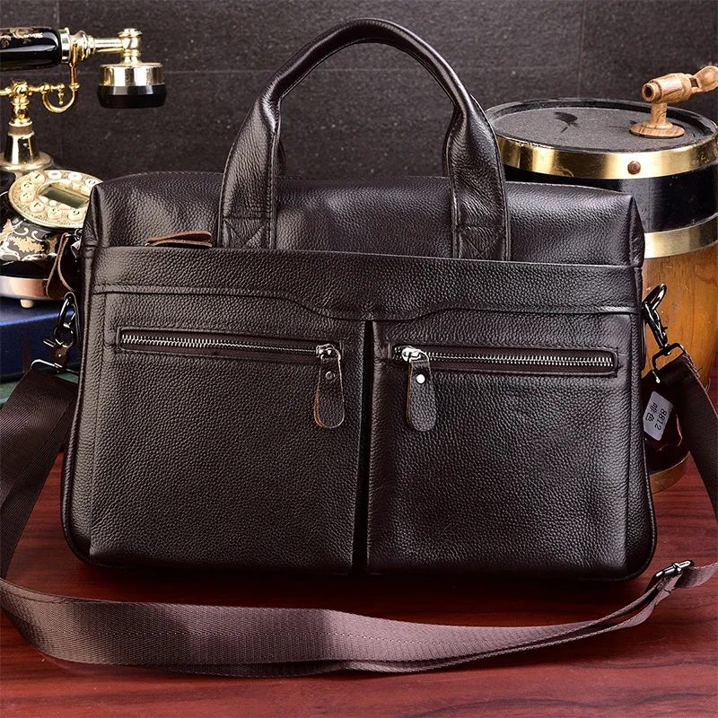 Mu Men's Genuine Leather Laptop Briefcase Bag 100% Real Cowskin Leather ...