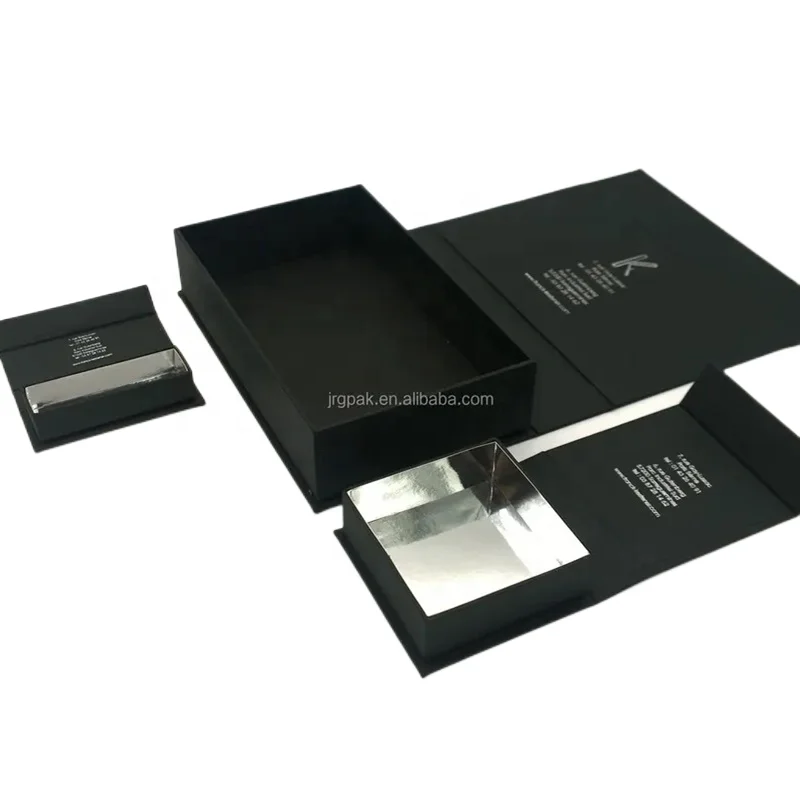 Luxury Black Card Hinged Paper Box With Silver Stamping Logo For ...