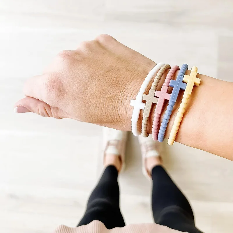 Handmade Rosary Bracelet Elastic Cross Bracelet Colorful Silicone Beads ...