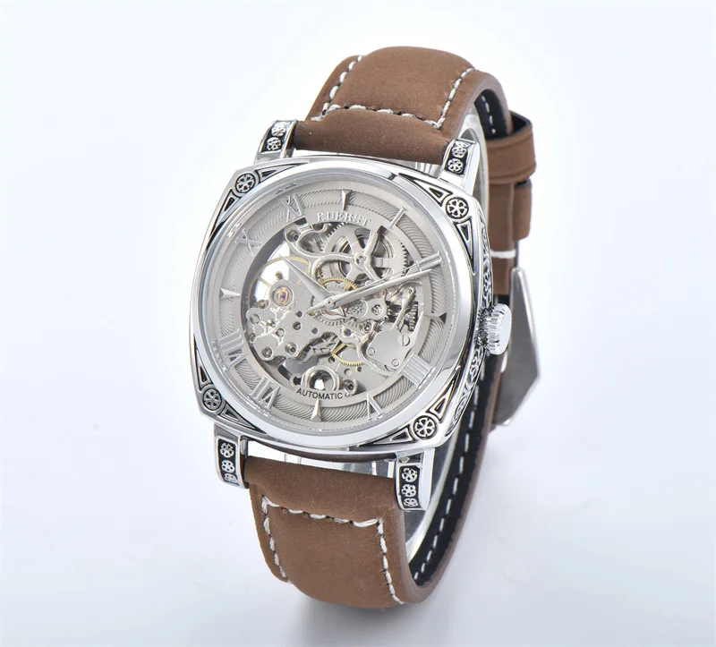 Kuerst Men's Automatic Mechanical Watch Brown Leather Luminous Alloy ...