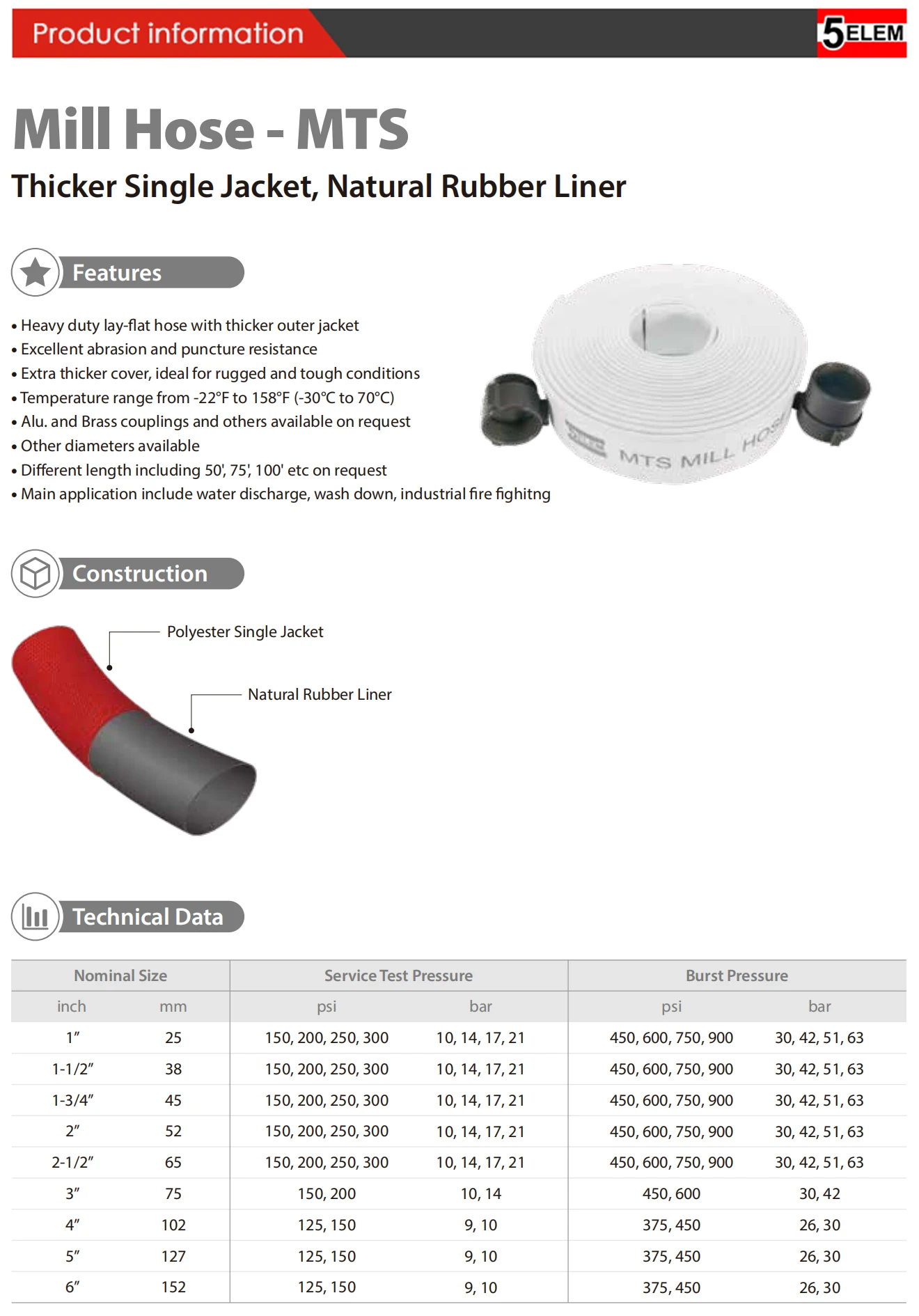 5elem Factory Standard Nbr Lining Fire Hose or Water Hose