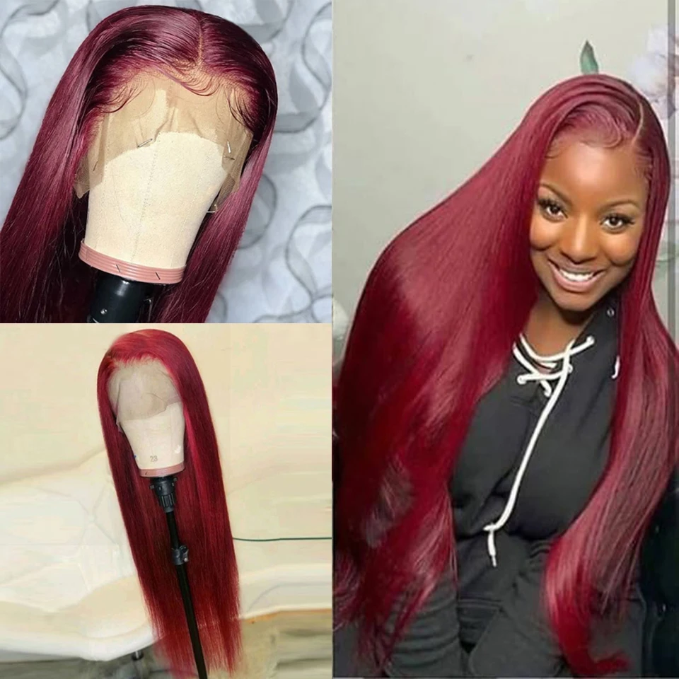Fashionable Red 99j Virgin Human Hair Long Straight Burgundy 13*4 Lace ...