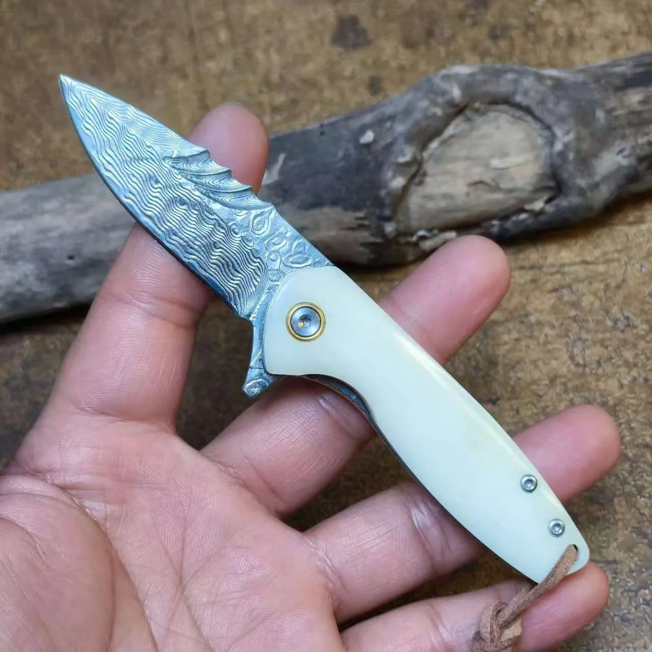 Buffalo Bone Handle Damascus Blade Folding Knife Lanyard Hole End Butt ...