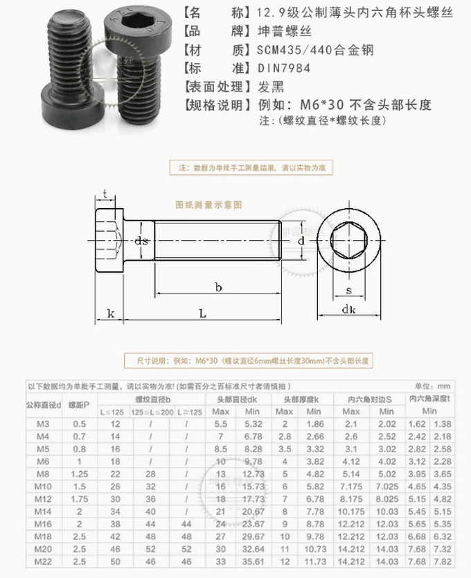 12.9 Grade M3-m22 Din7984 Hexagon Socket Thin Head Cap Screw - Buy ...