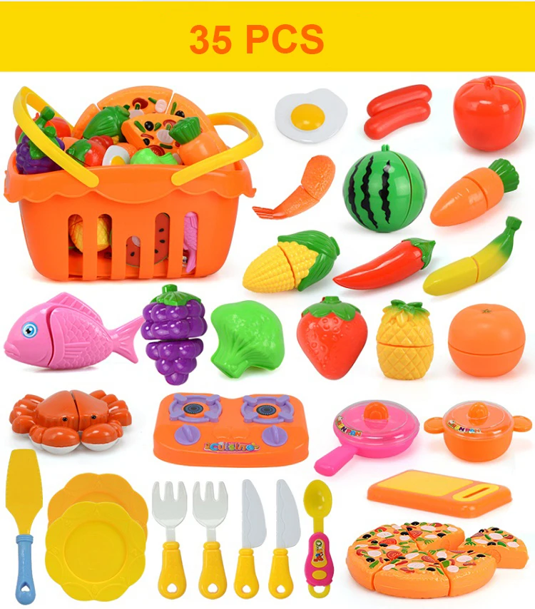 Kids Pretend Play Plastic Kitchen Food Set Trolley Basket