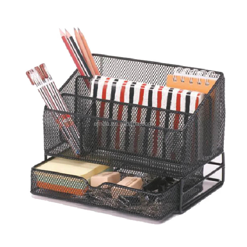 5 Compartments Black Metal Wire Mesh Office Desk Organizer With Slide ...