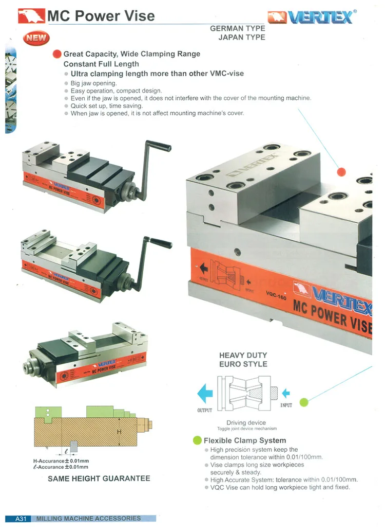 VERTEX Precision Double Force Vise - VQC-125 for Manufacturing