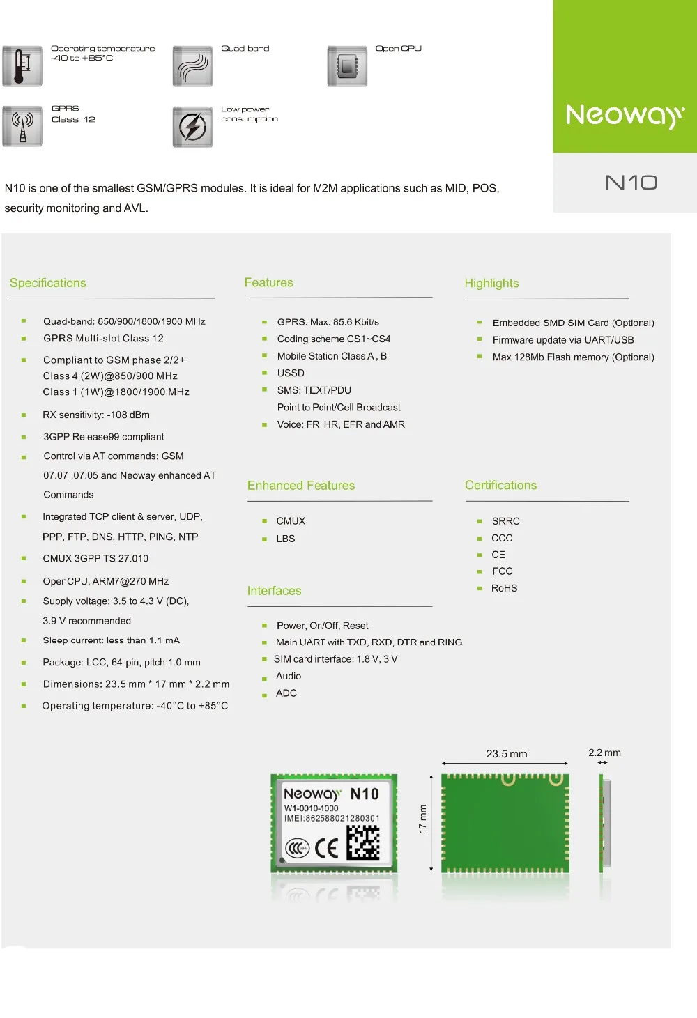 Neoway N10 Gsm/gprs 2g 850/900/1800/1900 Mhz 64-pin Lcc Wireless Module ...