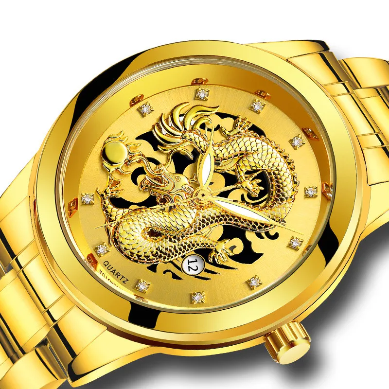 Brand Luxury Waterproof Mens Gold Dragon Sculpture Quartz Watch Luxury ...