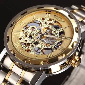 Winner Golden Skeleton Mechanical Watches Men Stainless Steel Top ...