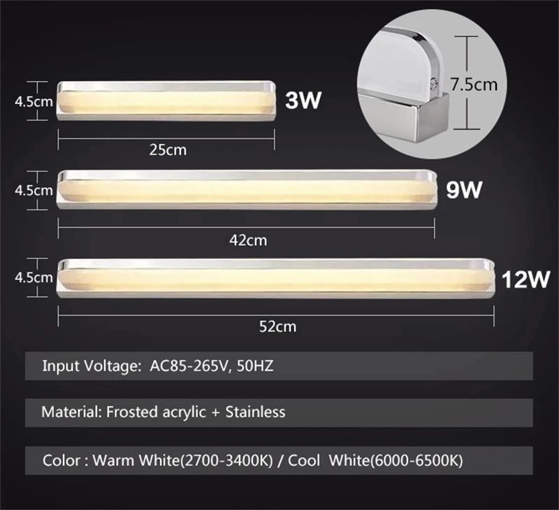 Stainless Steel Acrylic LED Bathroom Mirror Light 9W| Alibaba.com