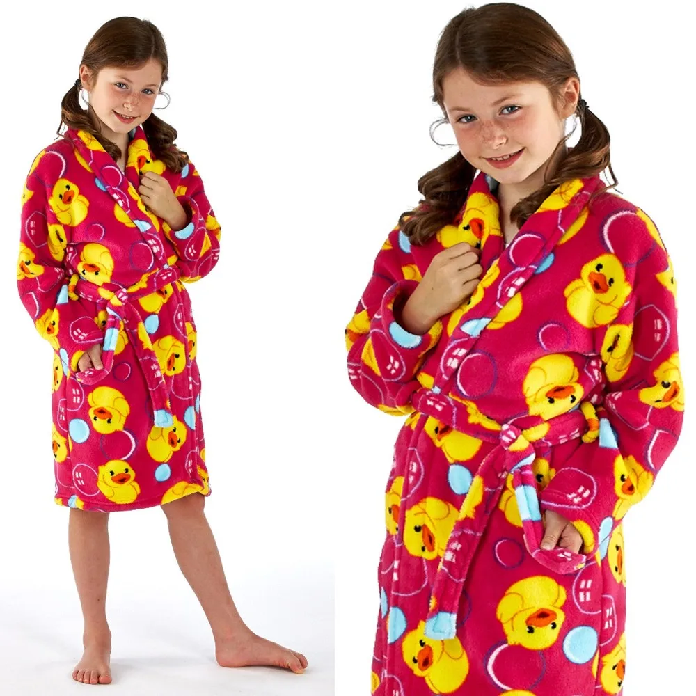 Children Girls Kids Dressing Gown Fleece Robe Animals Duck Hearts ...