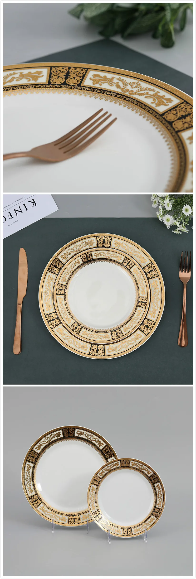 Cheap Ceramic Plates Dinner Set Custom Logo With Embossed Decal Gold ...