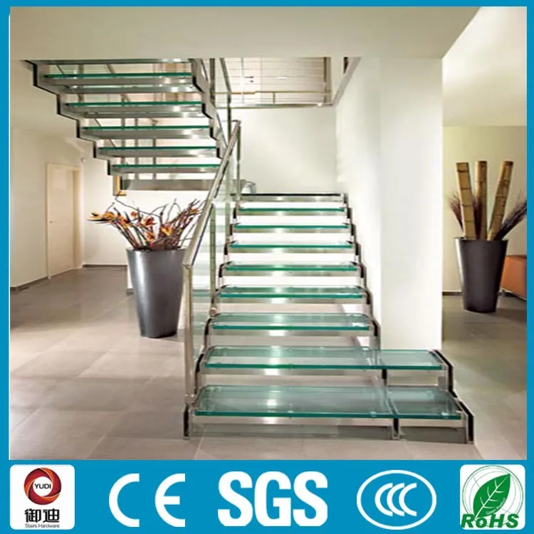 Open Riser Double Stringers U Shape Glass Tread Straight Commerical ...