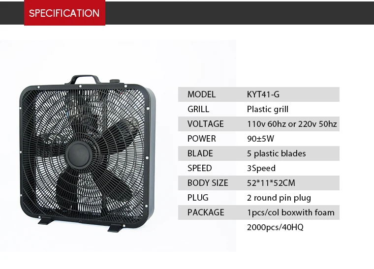 20 Inch Box Fan - Three Speeds, Metal Frame, 90W Power