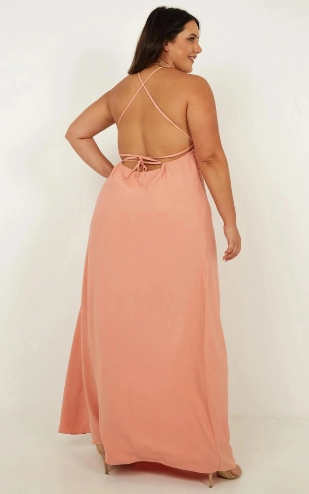 Women Casual Backless With Side Split Design Pink Plus Size Maxi Dress ...