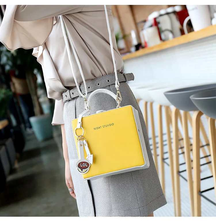 Square Box Shape Pu Leather Handbags With Badge Shoulder Women Shopping ...