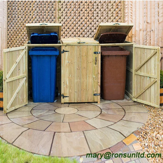 Outdoor Garden Wood Dustbin Box Waste Triple Wheelie Rubbish Bin ...