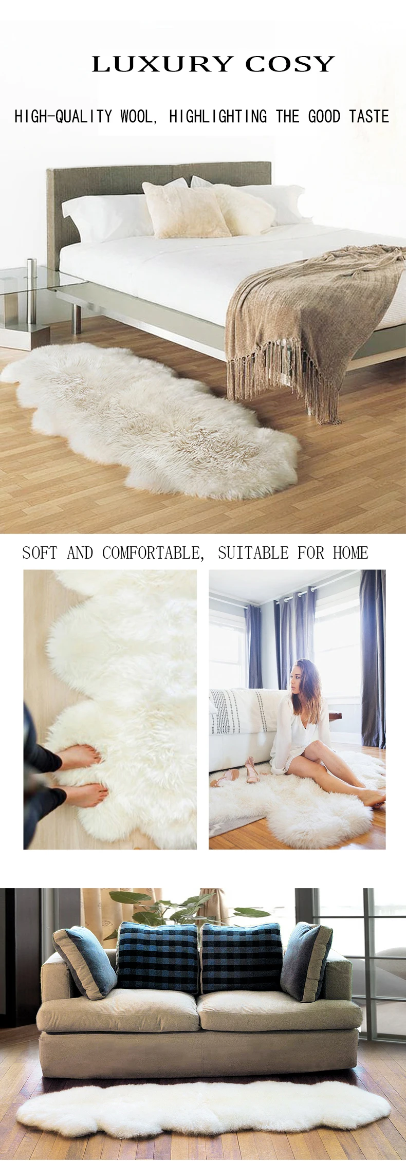 Genuine Luxury Long Wool Lamb Fur Rug for Bedroom - PET FRIENDLY