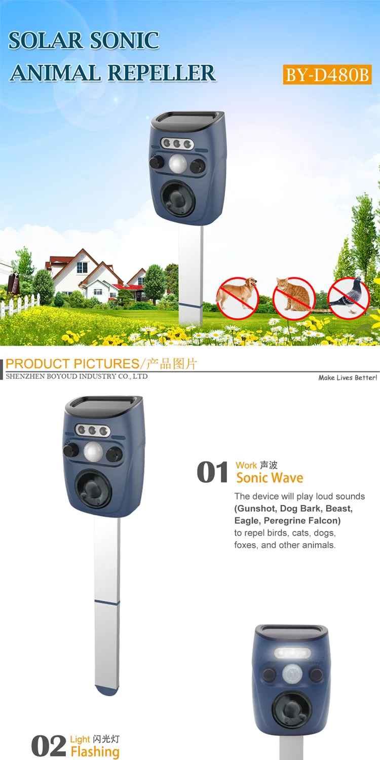 Outdoor Solar Energy Ultrasonic Bird Repellent Sound Animal Repeller ...