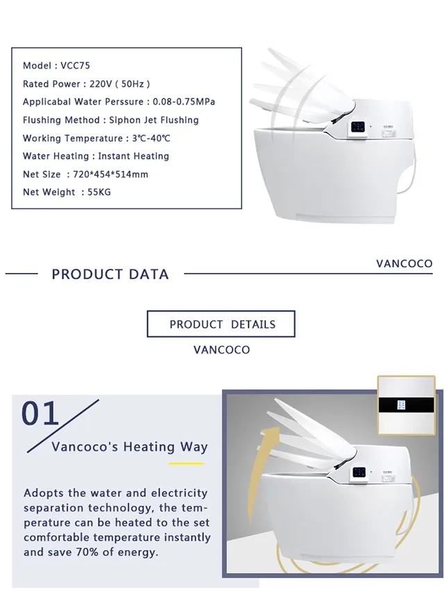 Vancoco VCC75 Smart Toilet - Dual-Flush, Automatic Operation