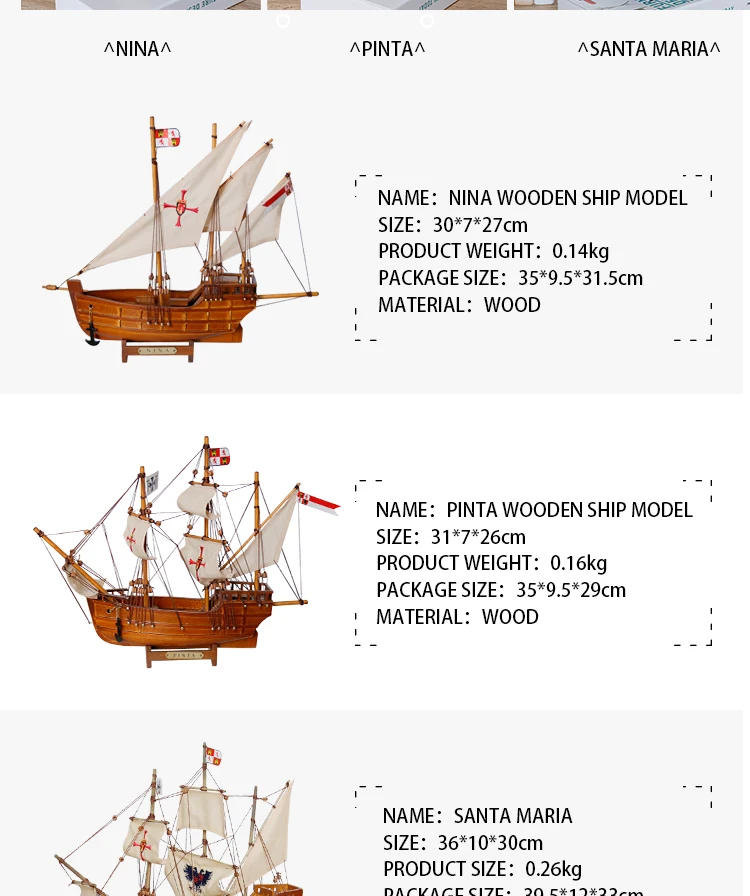 Columbus' Flag Ship Santa Maria Pinta Nina Wooden Sailboat Model ...