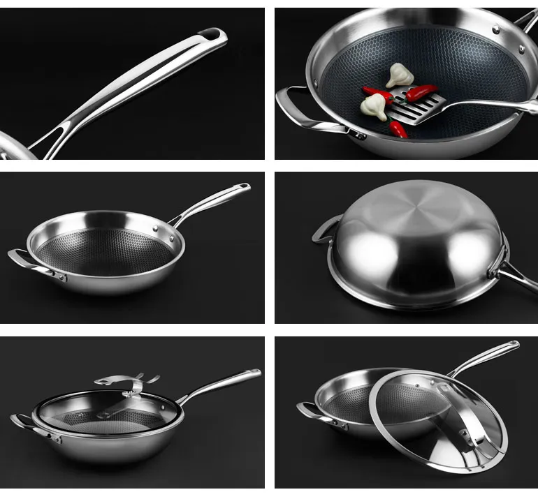 High Quality 304 Stainless Steel Non Stick 3-ply Coating Wok With Glass ...