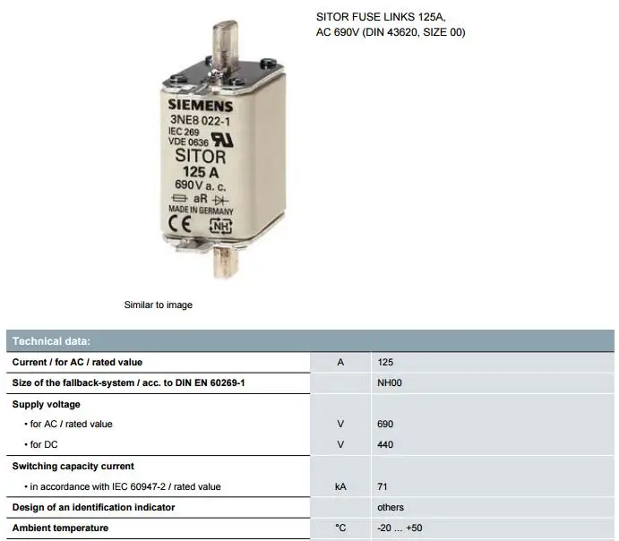 Knife Blade Fuse Sitor Nh00 Fuse 125a 690v 3ne8022-1 Hrc Fuse Link ...