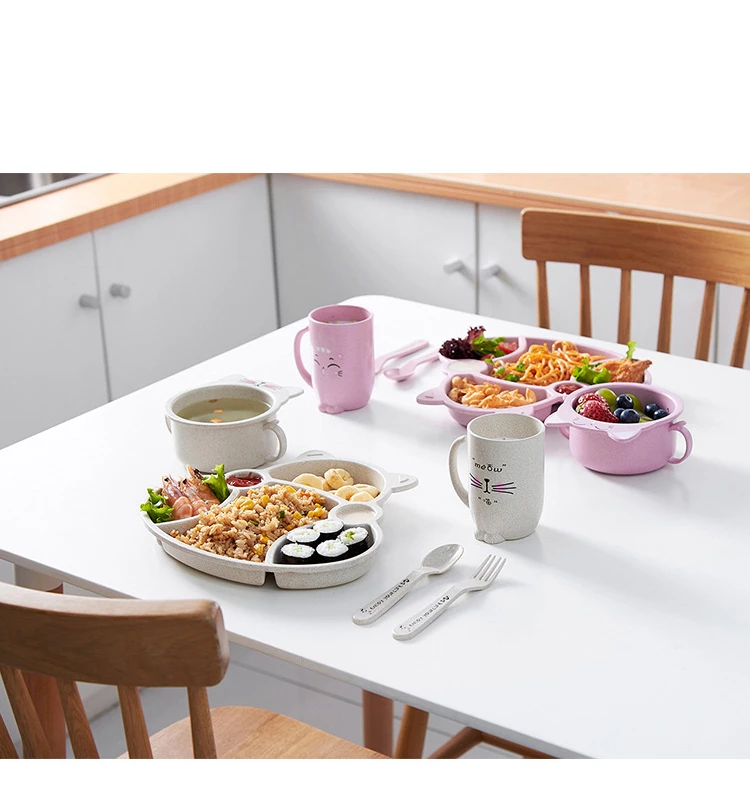 Cartoon Cat Shape Dinner Set Kids Plate Wheat Straw Baby Plate Set ...