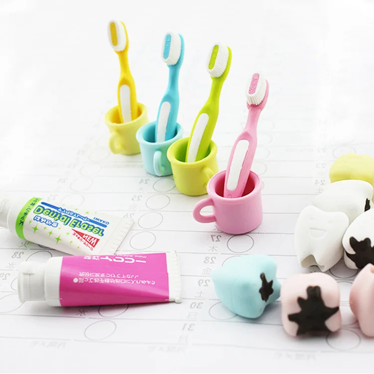 New Fashion Toothpaste Toothbrush Cups And Teeth Shaped Eraser Rubber ...