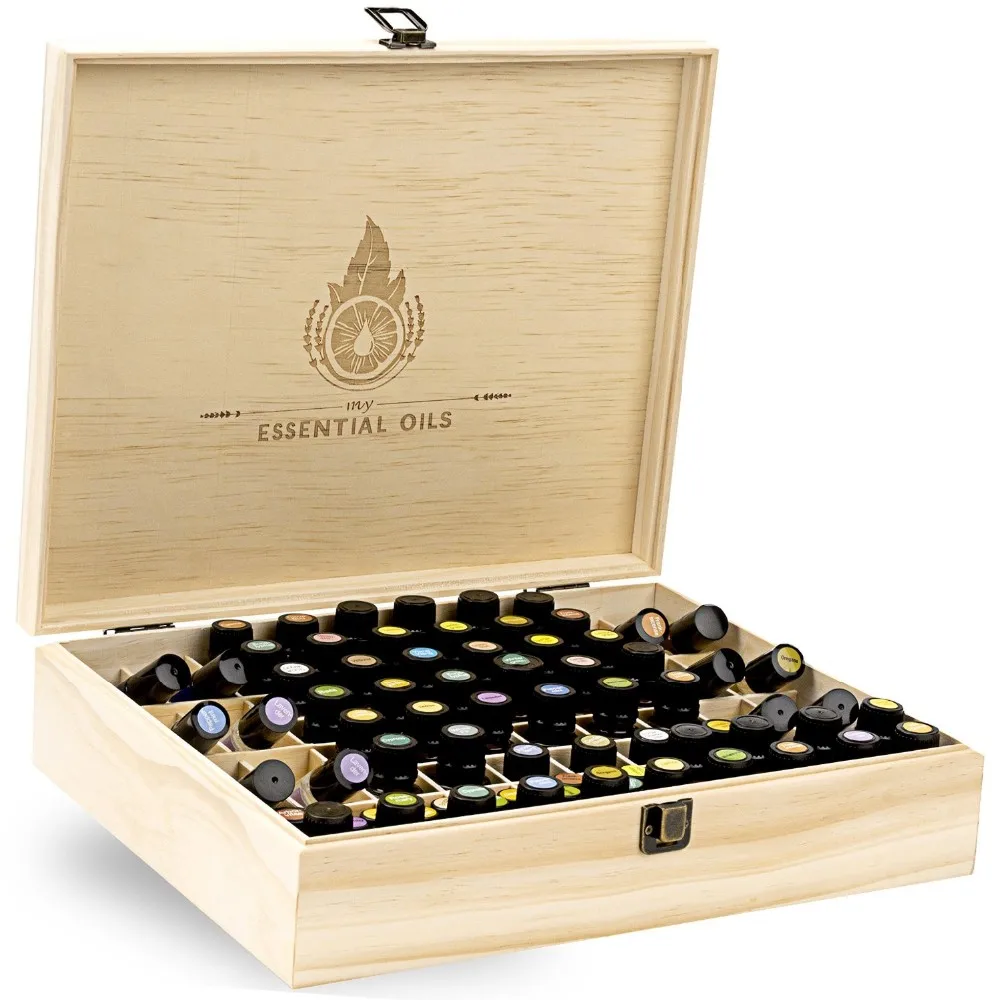 Essential Oil Wooden Box Organizer - Large Wood Storage Case Protects ...