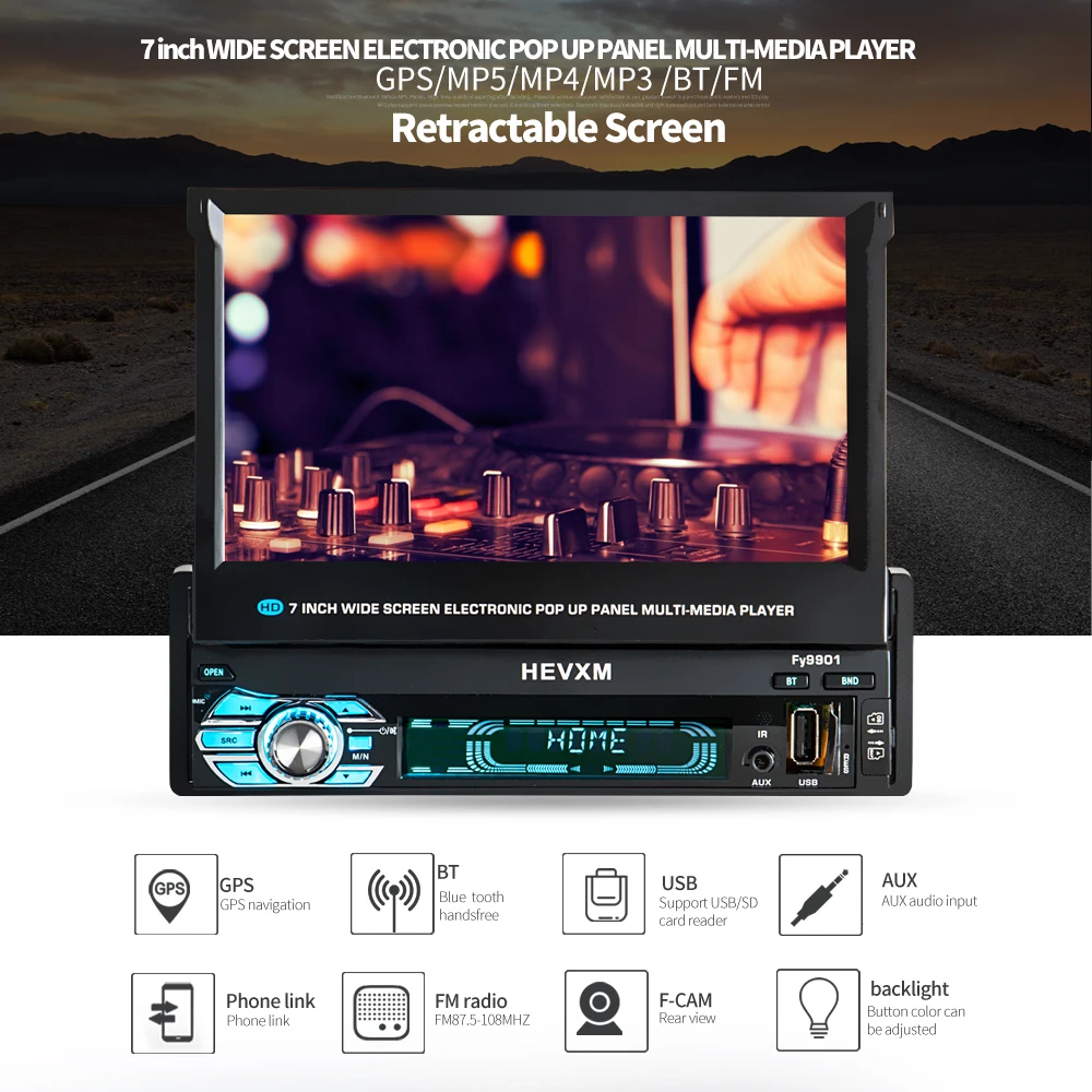 Esunway 1din 7inch Retractable Screen Head Unit - Android Radio