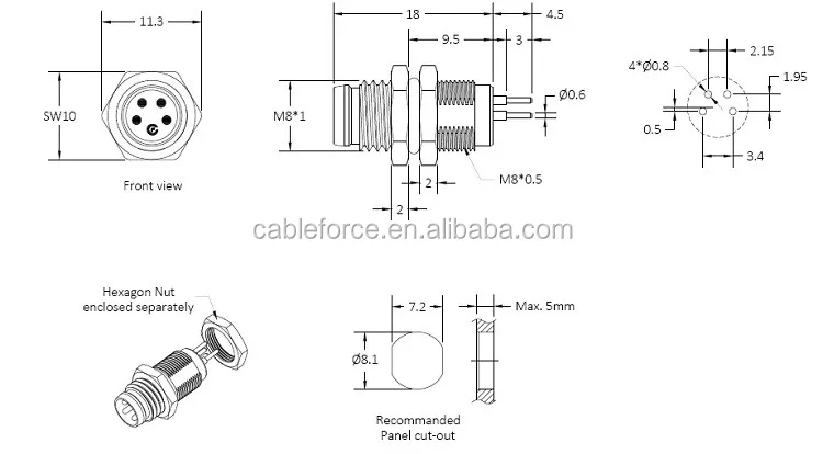 Ip67 4 Pin Male Pcb Mount Rear M8 Panel Mount Receptacle Connector ...