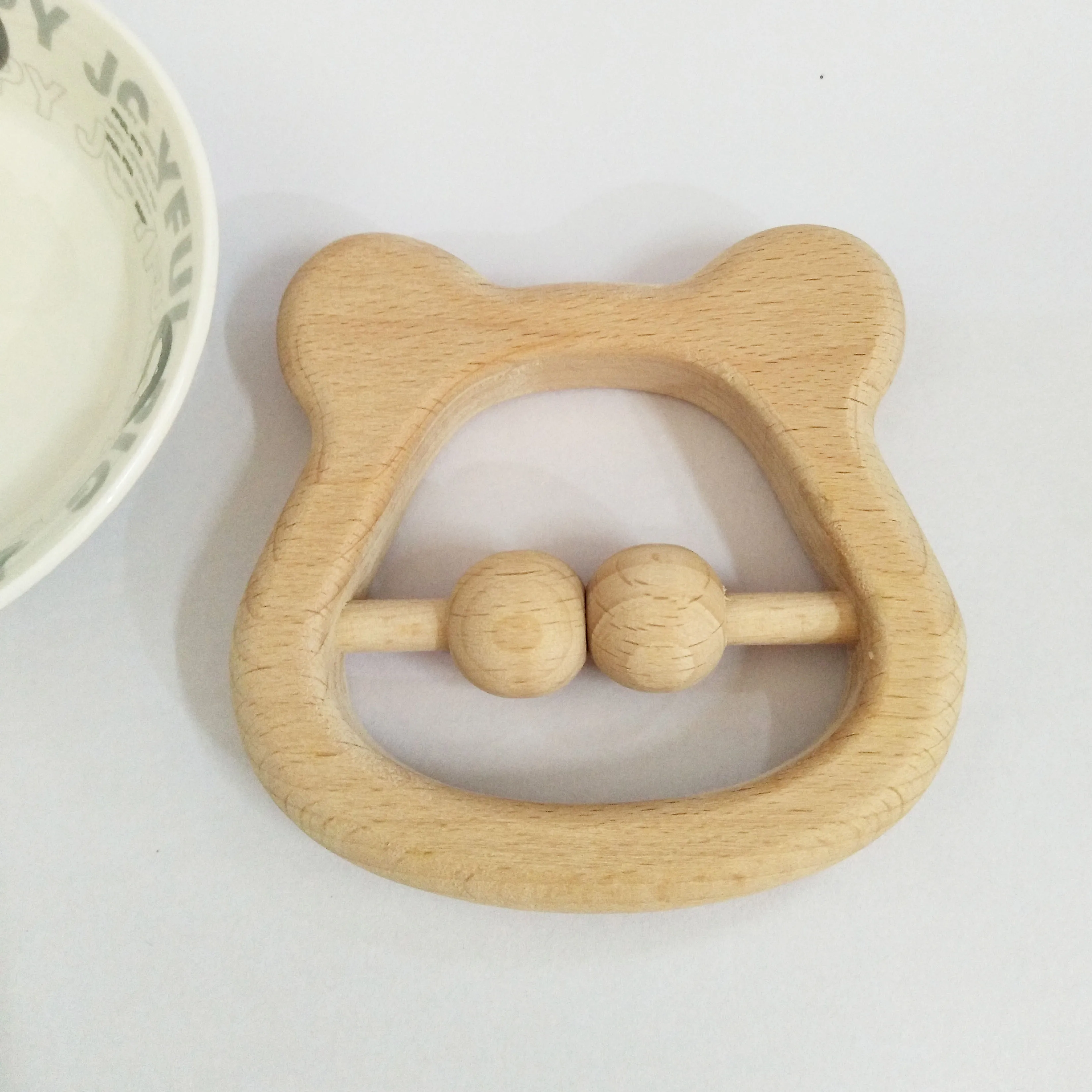 Baby Shaking Rattle - Wood Bear Shape with 2 Beads