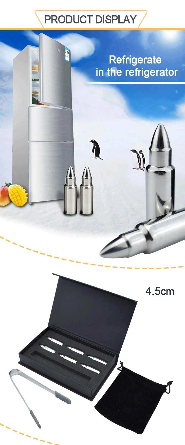 Stainless Steel Bullet Shaped Ice Cubes Chilling Rocks Bullet Ice Cubes ...