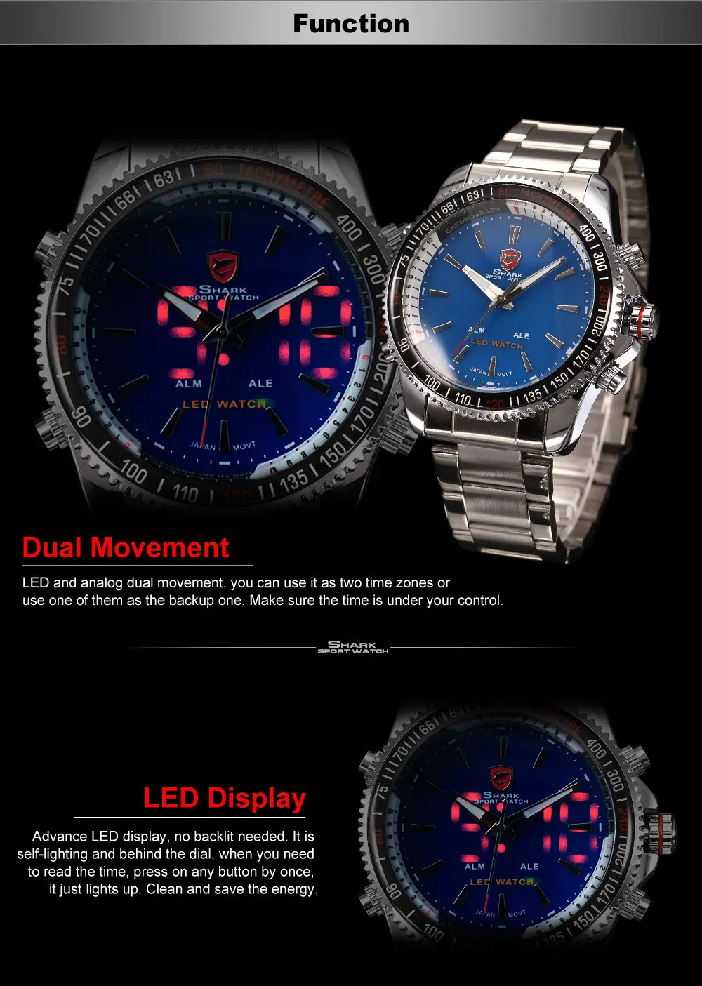 Large Dial Digital Display Japan Movement Quartz Style Led Watch Sh002 ...