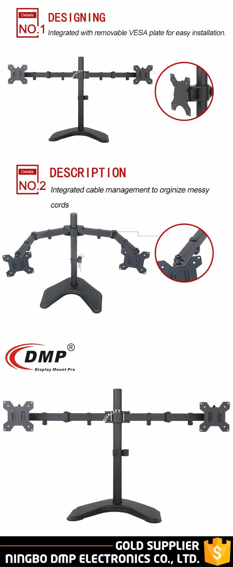 2 Screens Computer Monitor Stand Suit Tv Size 13" ~ 27" Dual Desktop ...