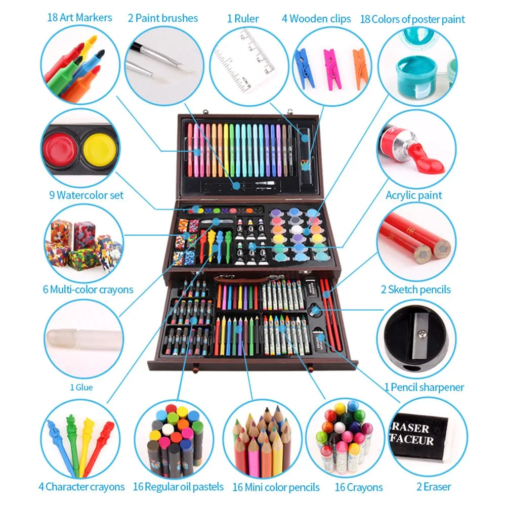 Wooden Box Drawing Art Set for Kids - Super Artist Tool Kit