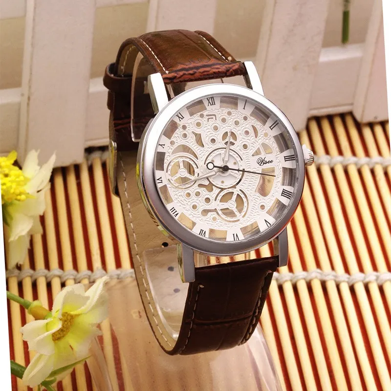 Hot Geneva Skeleton Watch Wristwatch Automatic Watches Men Pu Leather ...