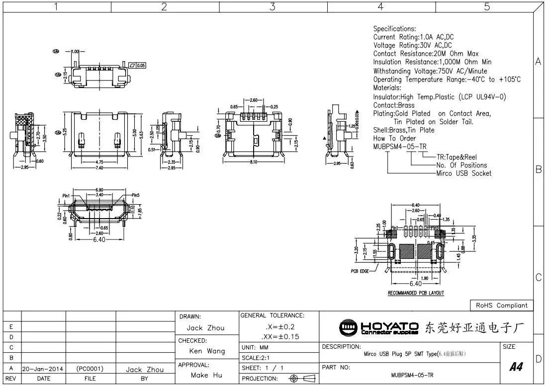 B Type Mid Mount Micro Usb 5p Smt Socket Connector - Buy Micro Usb 5p ...