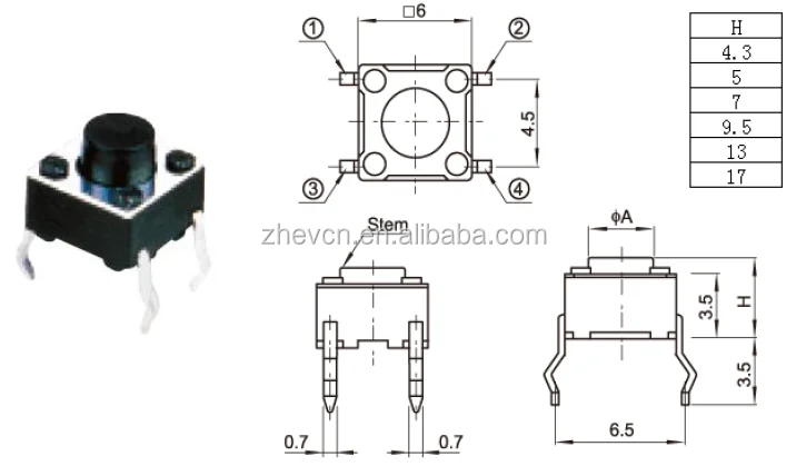 6x6 Round 2 Pin Tactile Push Button Switch With Dip Tact 4 Pin - Buy 6x6 Dip Tactile Switch ...