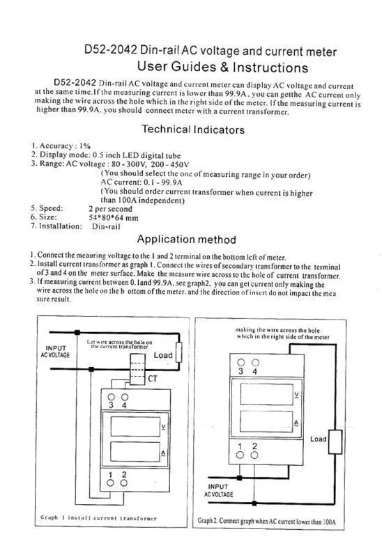 Dual Display Rail D52-2042 Ac Digital Voltmeter Ammeter 200-450v 0.1-99 ...