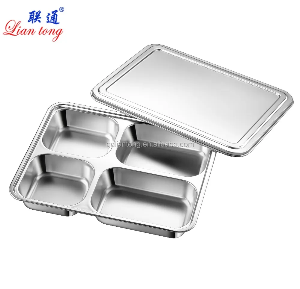 Stainless Steel Fast Food Tray Lunch Box with 4 Compartments & Lid ...