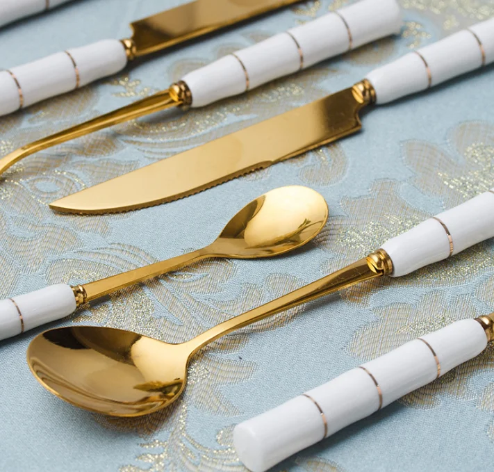 Customized Porcelain Handle Golden Flatware Stainless Steel Cutlery ...