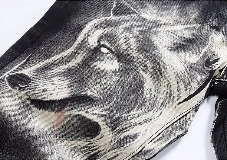 New Fashion Mens Wolf Printed Jeans Men Slim Straight Black Skinny ...