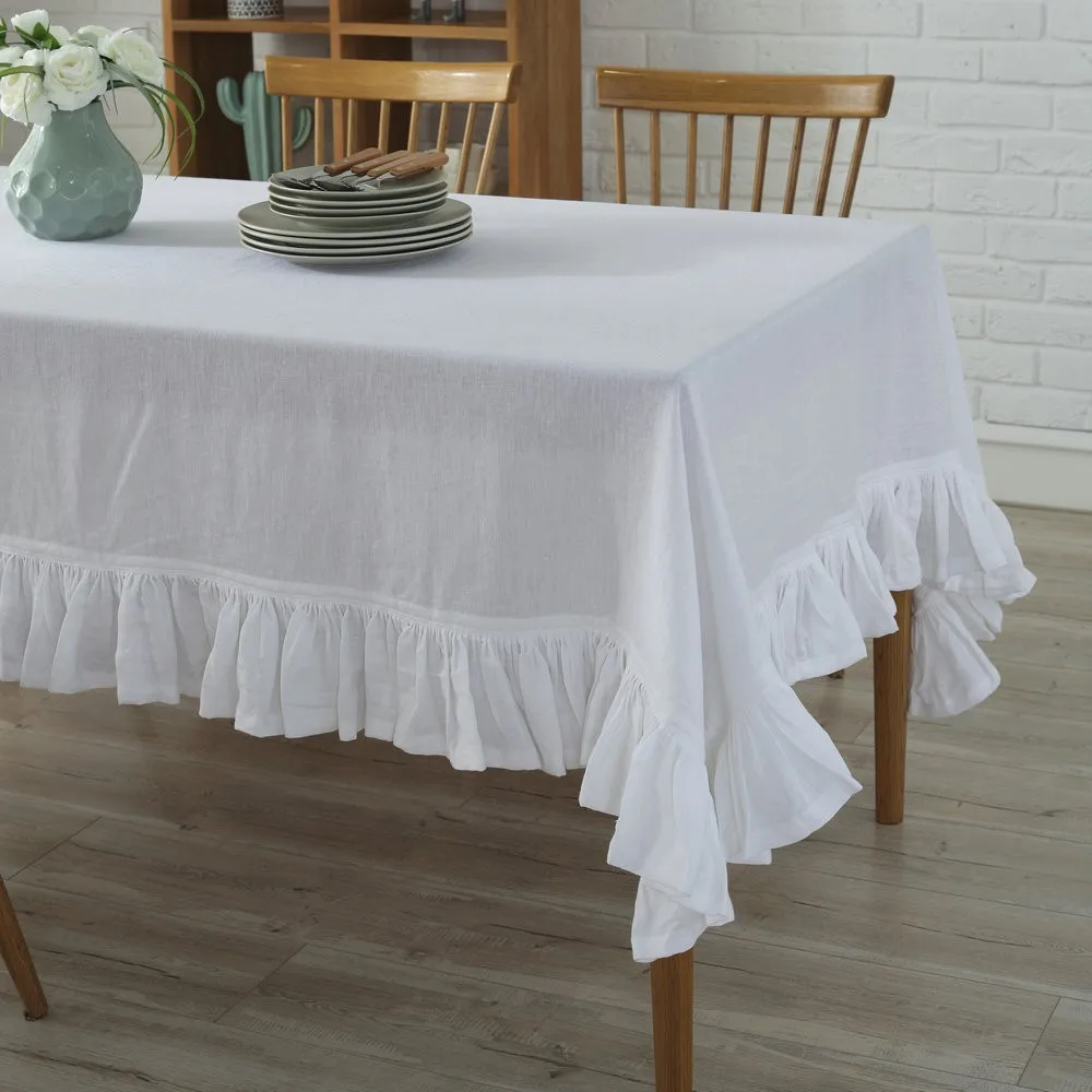 White Ruffle Style 100% Pure Linen Table Cloth Customer Size Multi ...