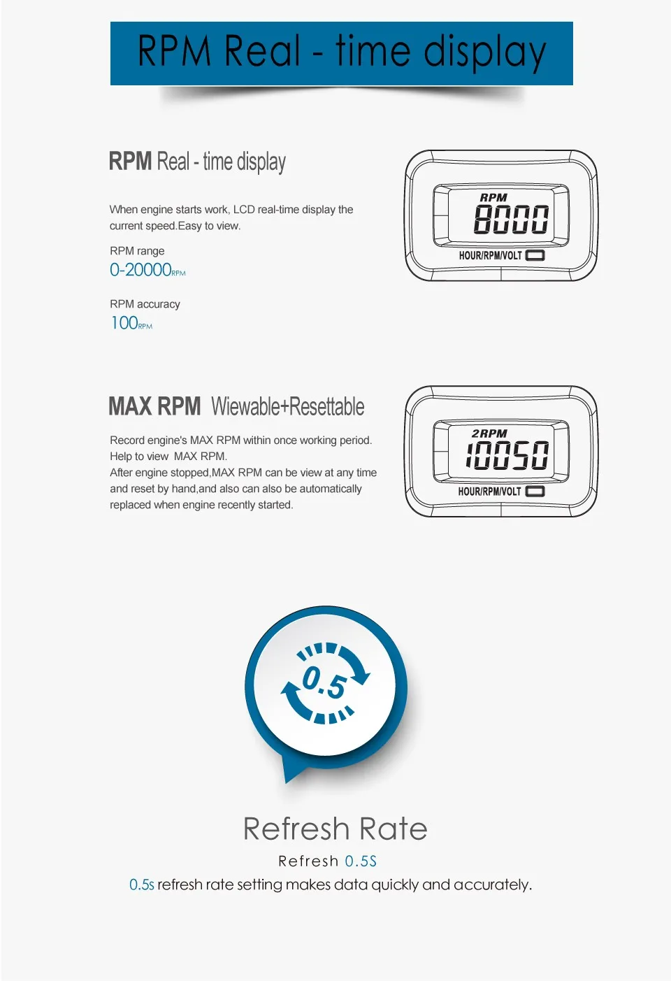Runleader Digital RPM Meter - Track Engine Hours Accurately